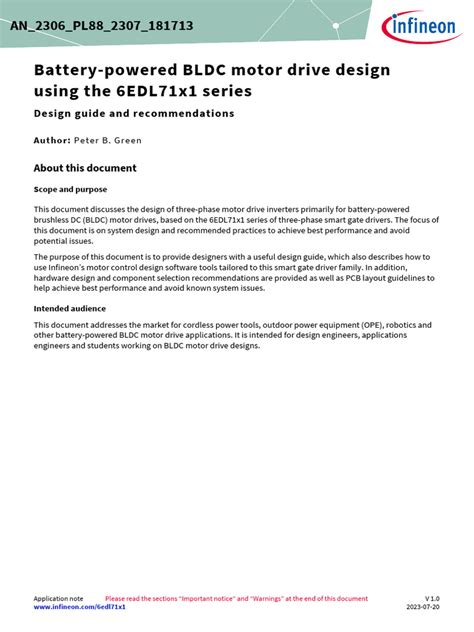 Infineon An 2306 Pl88 2307 181713 Battery Powered Bldc Motor Drive Design Using The 6edl71x1