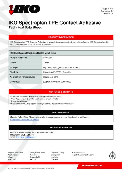 Technical Data Sheet TDS IKO Spectraplan TPE Contact Adhesive IKO UK NBS Source
