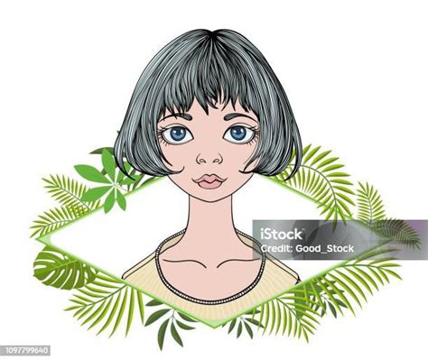 플로랄 프레임에 짧은 머리를 가진 젊은 여자 다채로운 평면 벡터 일러스트입니다 흰색 배경에 고립 Brand Name Online Messaging Platform에 대한