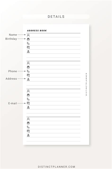 Personal Address Book Printable Inserts Contact List Template Planner