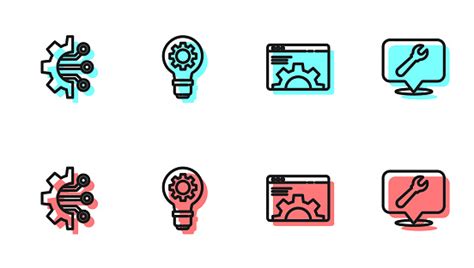 렌치 스패너 아이콘으로 라인 브라우저 설정 알고리즘 전구 및 기어 및 위치를 설정합니다 벡터 개념에 대한 스톡 벡터 아트 및