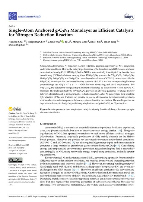 Pdf Single Atom Anchored G C3n4 Monolayer As Efficient Catalysts For Nitrogen Reduction Reaction