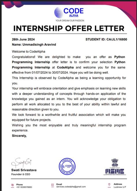 Codealpha Python Programming Internship Offerletter