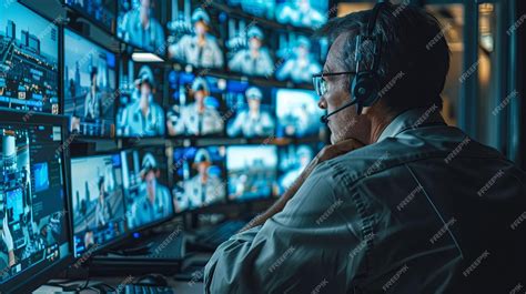 Security Guard Monitoring Multiple Screens With Surveillance Footage