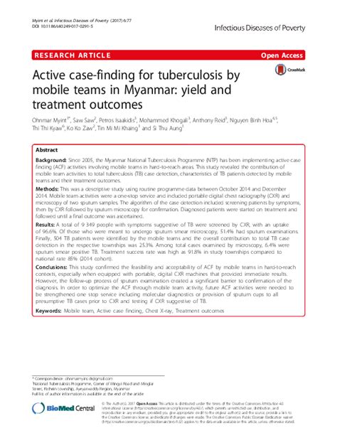 Pdf Active Case Finding For Tuberculosis By Mobile Teams In Myanmar