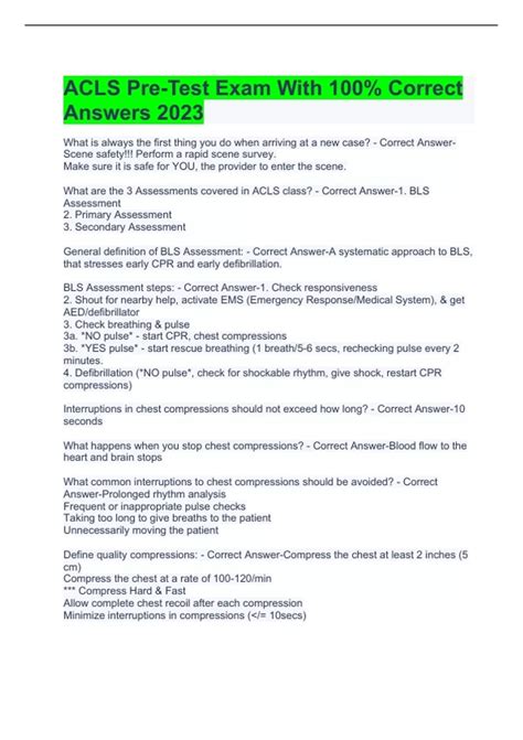 Acls Pre Test Exam With 100 Correct Answers 2023 Acls Stuvia Us