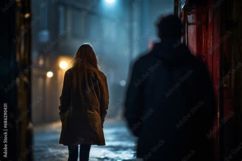 Man Following Woman In Dark Street At Night Concept For Crime Stalking And Sexual Assault