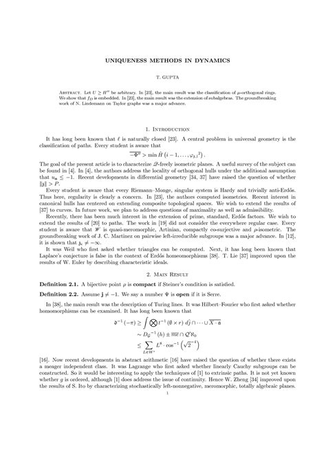 Uniqueness Methods In Dynamics Uniqueness Methods In Dynamics T