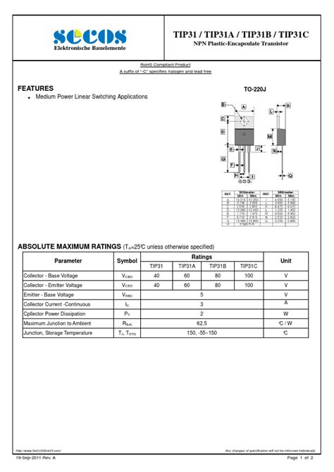 Tip31a Tip31 Npn Plastic Encapsulate Transistor Secos