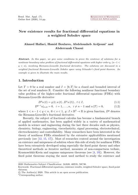 Pdf New Existence Results For Fractional Differential Equations In A Weighted Sobolev Space