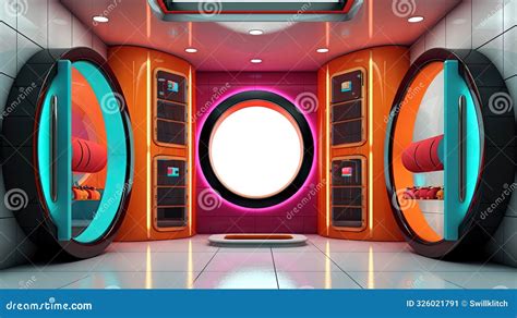 Spaceship Or Lab Interior In Retro Futuristic Sci Fi Style With Round Doors Stock Illustration