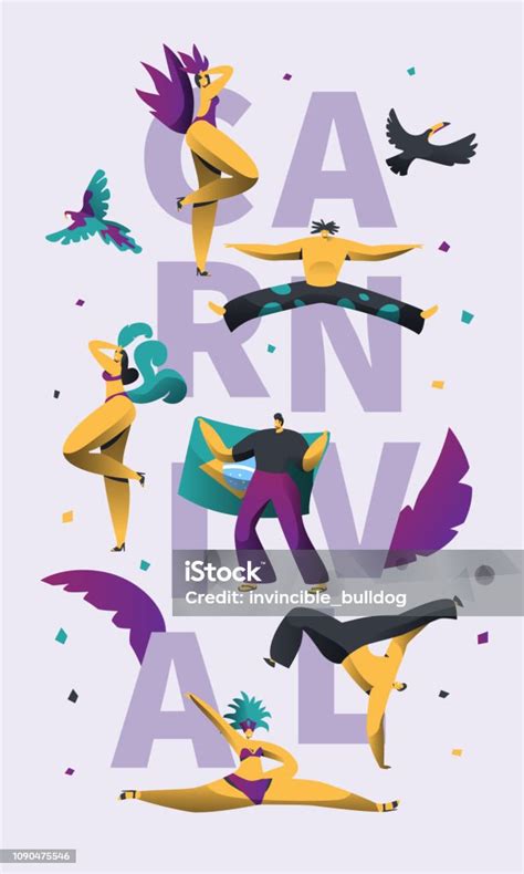 브라질 카니발 수직 인쇄 술 배너입니다 다채로운 인쇄 포스터 템플릿에 브라질 파티 문자입니다 라틴계 이국적인 의상 축제 엽서 플랫 만화 벡터 일러스트 레이 션 공휴일에 대한