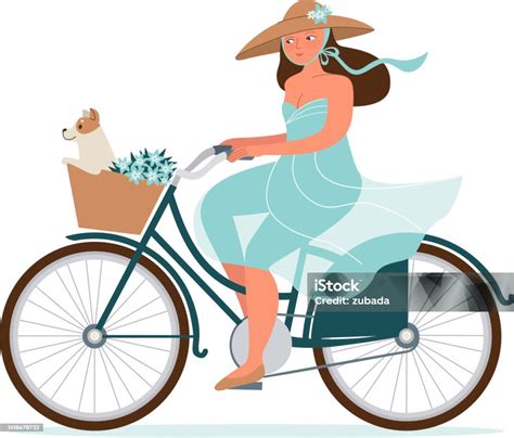 낭만적 인 여성이 바구니에 개와 함께 빈티지 자전거를 타고 여자에 대한 스톡 벡터 아트 및 기타 이미지 여자 자전거 타기 개 Istock