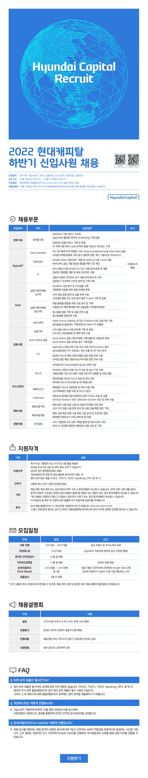 현대캐피탈 채용공고 하반기 신입사원 채용 2022년 채용