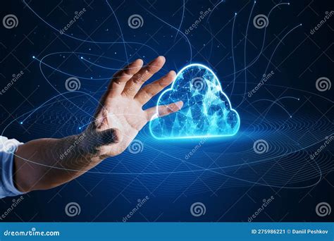 Close Up Of Man Hand Holding Digital Polygonal Cloud With Lines On Background Cloud Storage And