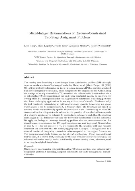 Pdf Mixed Integer Reformulations Of Resource Constrained Two Stage Assignment Problems