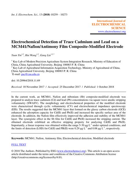 Pdf Electrochemical Detection Of Trace Cadmium And Lead On A Mcm41 Nafion Antimony Film