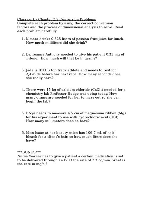 Chemistry Classwork Conversions Practice Document Classwork
