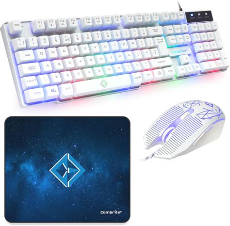 Combrite Raptor White Gaming Keyboard And Mouse Set With Large Mouse Pad Rainbow Led