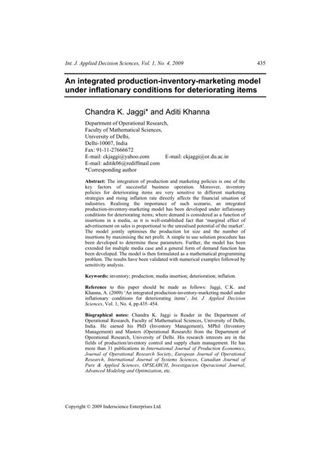 Pdf An Integrated Production Inventory Marketing Model Under Inflationary Conditions For