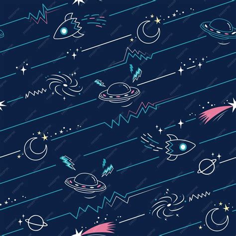 선 우주선 별 행성 로켓 및 달이 있는 벡터 공간 다채로운 원활한 패턴 프리미엄 벡터