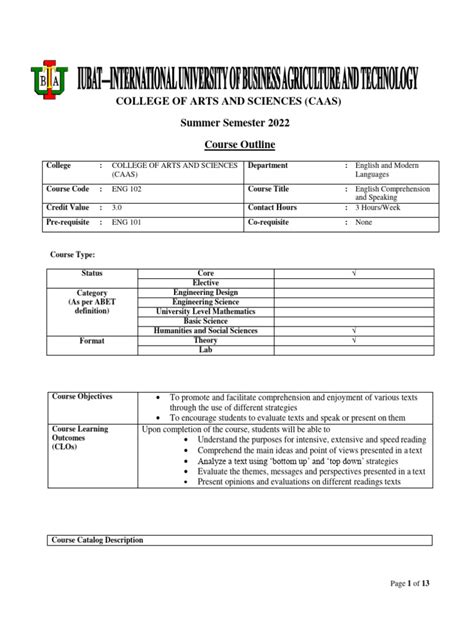 Eng 102 Course Outline Pdf English As A Second Or Foreign Language Reading Comprehension