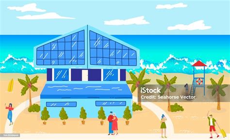 여름에 바다 해변 휴가 벡터 일러스트 레이 션 열대 바다의 호텔 리조트에서 여행하는 사람들 남자 여자 캐릭터 물 근처의 노부부 개념에 대한 스톡 벡터 아트 및 기타 이미지