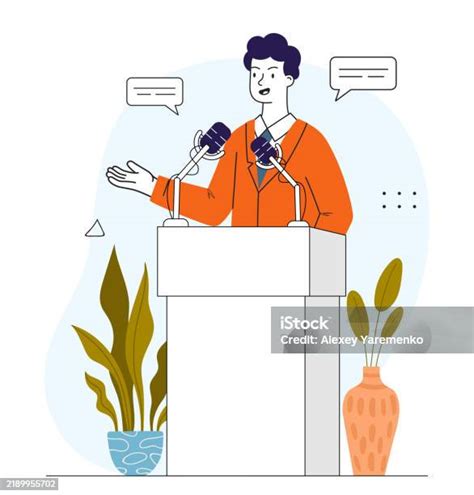 대중 연설가 마이크를 들고 연단에 선 젊은 남자가 청중에게 말하고 있습니다 대중 연설 및 발표 기자 회견 및 정치 토론 선형 벡터 그림 드로잉에 대한 스톡 벡터 아트 및