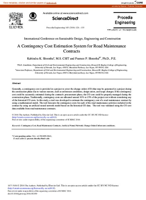 Pdf A Contingency Cost Estimation System For Road Maintenance Contracts