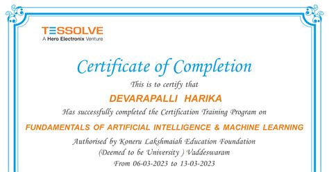 Certificate Of Completion Fundamentals Of Ai And Machine Learning Training Program