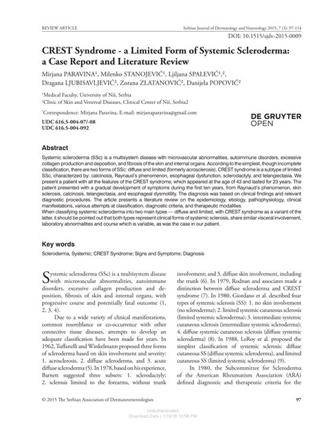 Pdf Crest Syndrome A Limited Form Of Systemic Scleroderma A Case