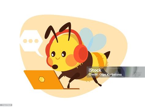 마이크가 달린 헤드폰을 착용한 오퍼레이터 벌은 콜센터에서 일합니다 귀여운 마스코트 곤충 직원이 고객을 돕고 질문에 답합니다 만화 평면 스타일 고립 된 벡터 헬프 데스크 개념