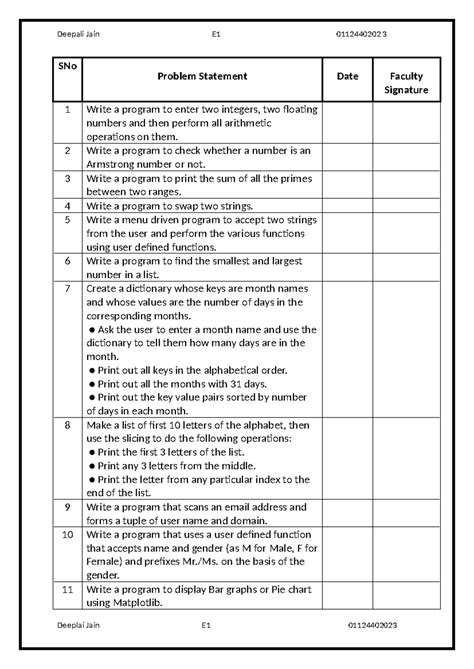 Pyhton Practical File 1 4 Sno Problem Statement Date Faculty