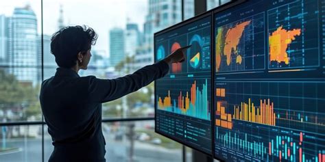 Businesswoman Analyzing Data On Large Screens Premium Ai Generated Image