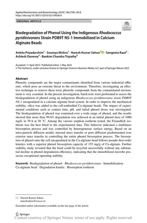 Biodegradation Of Phenol Using The Indigenous Rhodococcus Pyridinivorans Strain Pdb9t Ns 1