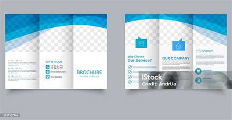 현대적인 물결 모양 헤더 디자인의 깨끗한 파란색 Trifold 브로셔 템플릿 마케팅 레이아웃 편집 가능한 이미지 3단 브로슈어에