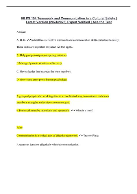 IHI PS 104 Teamwork And Communication In A Cultural Safety Latest Version 2024 2025 Expert