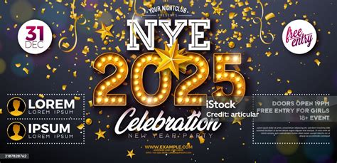 새해 복 많이 받으세요 2025 파티 축하 배너 템플릿 그림 검은 배경에 빛나는 전구 빌보드 번호 벡터 새해 전야 휴일 포스터