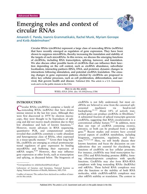 PDF Emerging Roles And Context Of Circular RNAs