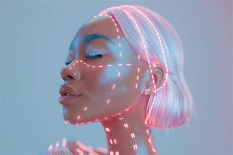 Futuristic Representation Of A Womans Face With Neon Neural Networks