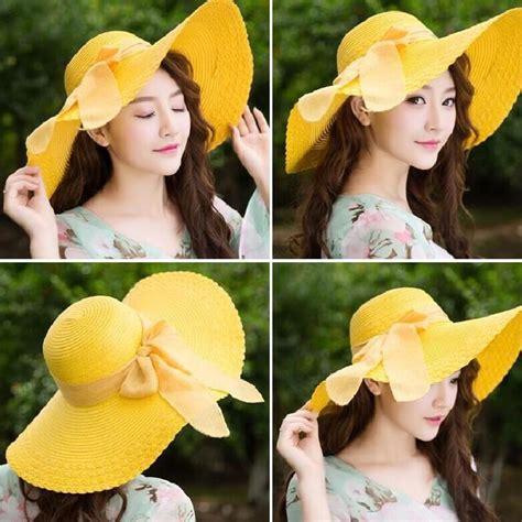 Zttd Women Colorful Straw Bow Hat Sun Floppy Wide Hats Beach Cap A