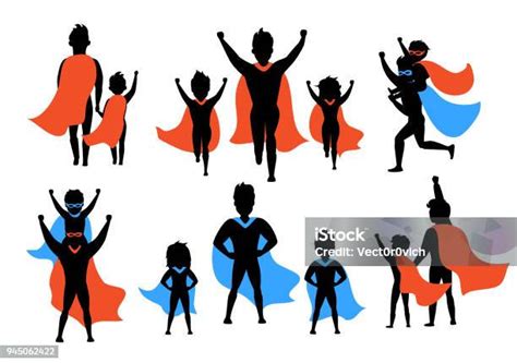 아빠와 아이 들 소년과 소녀 슈퍼 히어로 실루엣 재생 설정 슈퍼히어로에 대한 스톡 벡터 아트 및 기타 이미지 슈퍼히어로 망토 아이 Istock