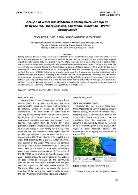 Pdf Analysis Of Water Quality Status In Porong River Sidoarjo By Using Nsf Wqi Index