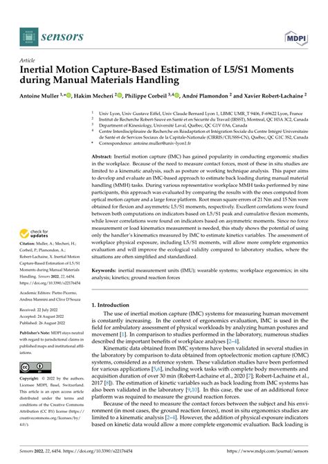 Pdf Inertial Motion Capture Based Estimation Of L5s1 Moments During Manual Materials Handling