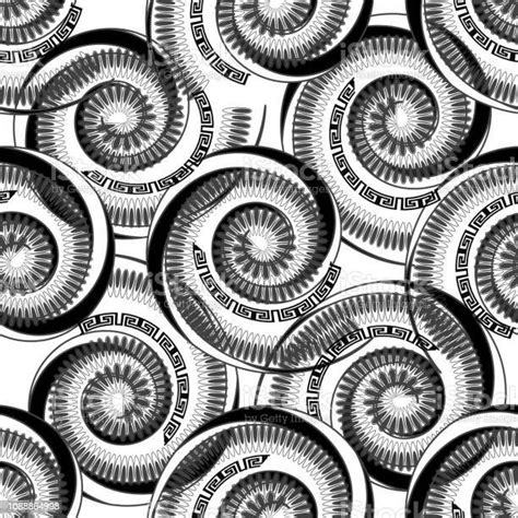 흑인과 백인 기하학적 줄무늬 나선형 모양 패턴 원활한 벡터 그리스 스타일 장식 흑백 배경입니다 고립 된 디자인입니다 추상 꽃