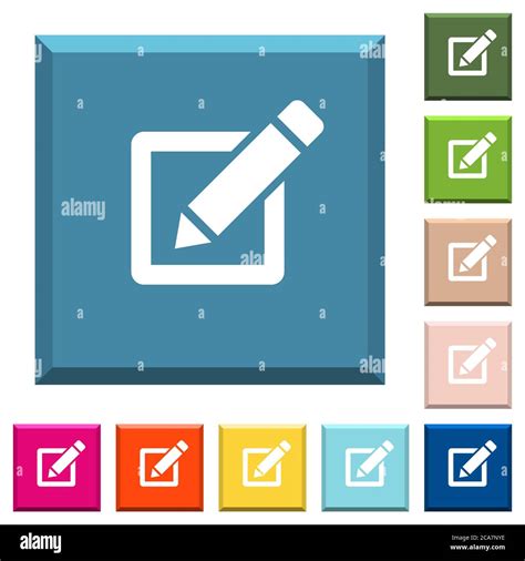 Editing Box With Pencil White Icons On Edged Square Buttons In Various Trendy Colors Stock