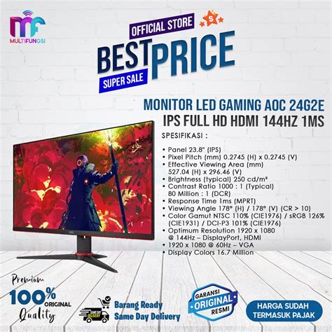 Jual Monitor LED Gaming AOC 24G2E IPS Full HD HDMI 144Hz 1ms Shopee Indonesia