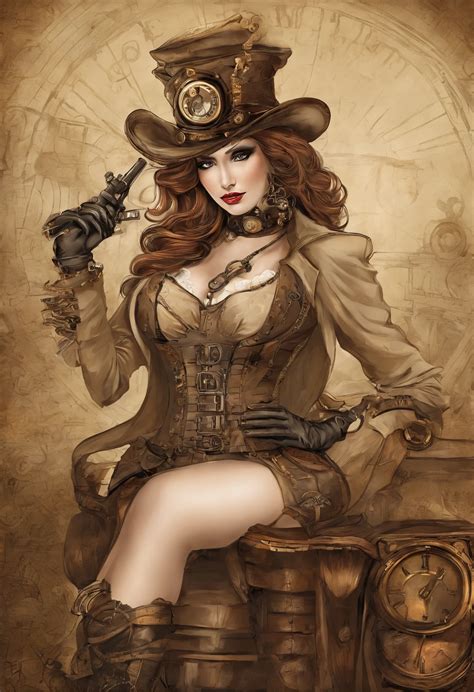 스팀을 입은 여자 통 위에 앉아 있는 펑크 복장 Seaart Ai