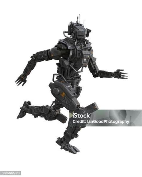 판타지 공상 과학 소설 드로이드 로봇 실행 흰색 배경에서 격리된 3d 렌더링 3차원 형태에 대한 스톡 사진 및 기타 이미지 3차원 형태 군사 금속 Istock