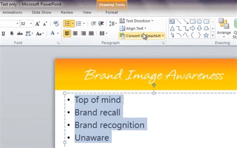 how to convert text to smartart using microsoft powerpoint 2010